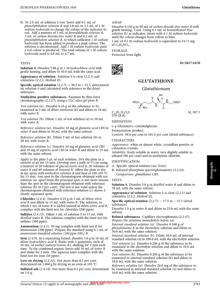 GLUTATION Farmacopea Europea | PDF | Solubility | Water