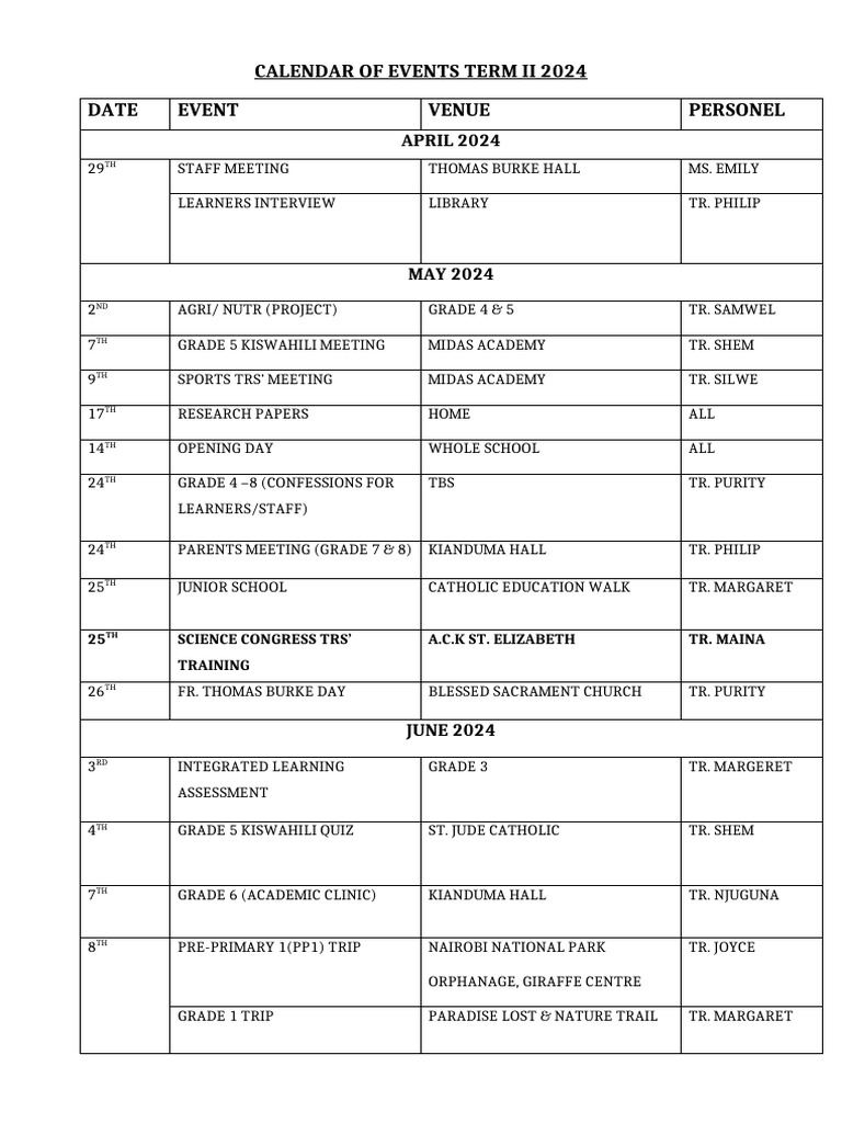 Calendar of Events Term Ii 2024 | PDF