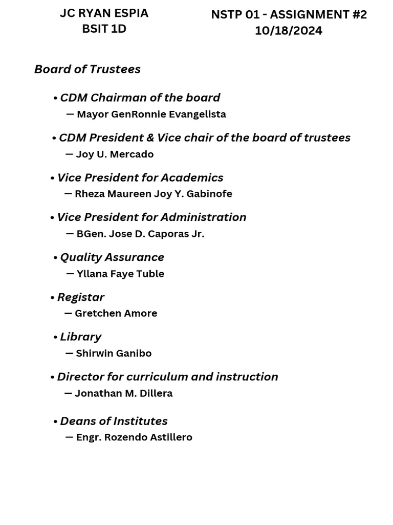 Board of Trustees: JC Ryan Espia Bsit 1D NSTP 01 - Assignment #2 10/18/2024 | PDF