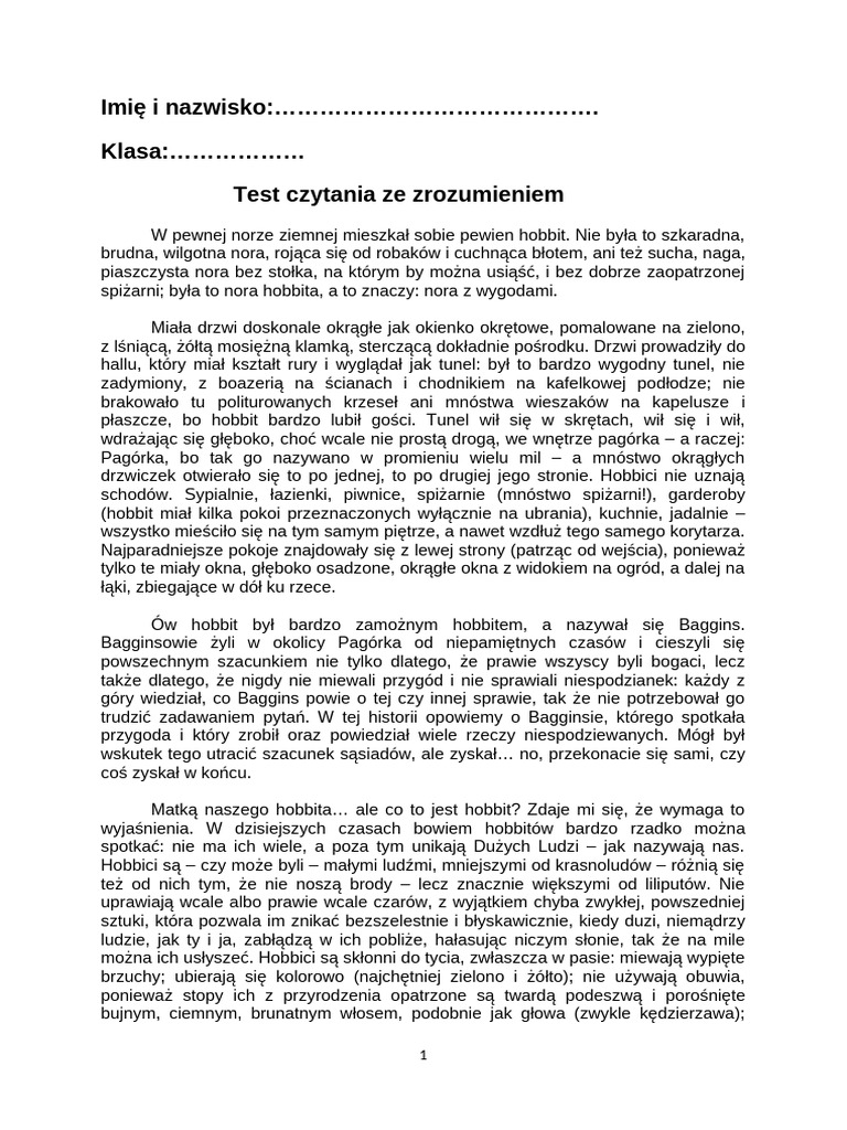 Test Czytania Ze Zrozumieniem | PDF