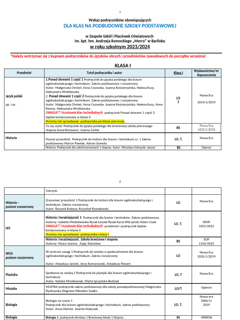 WYKAZ Podrecznikow 2023-2024-NA STRONE | PDF