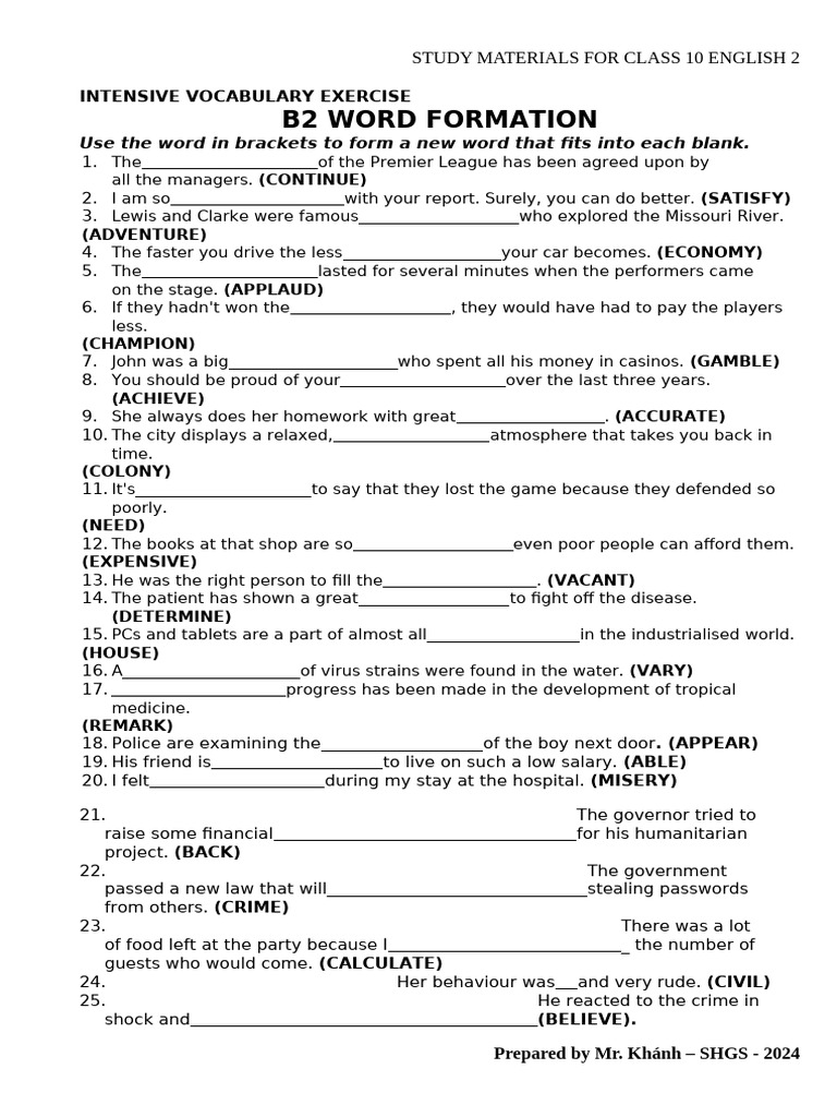 Intensive Vocabulary Exercise Word Form 15.10.2024 | PDF