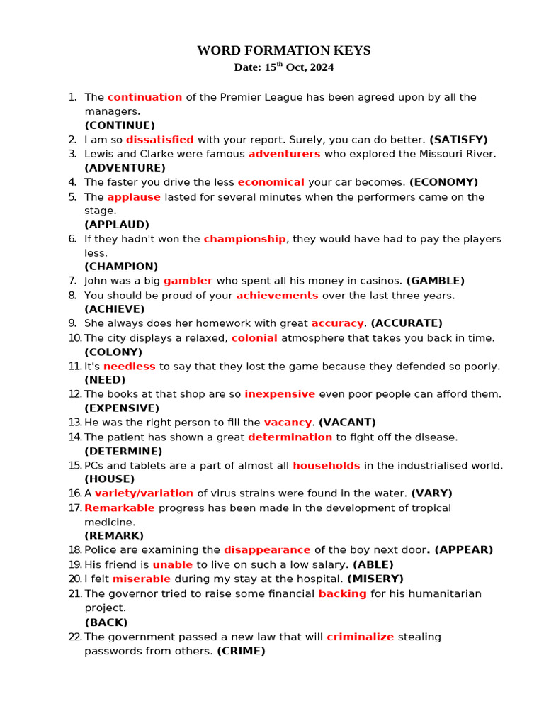WORD FORMATION KEYS | PDF