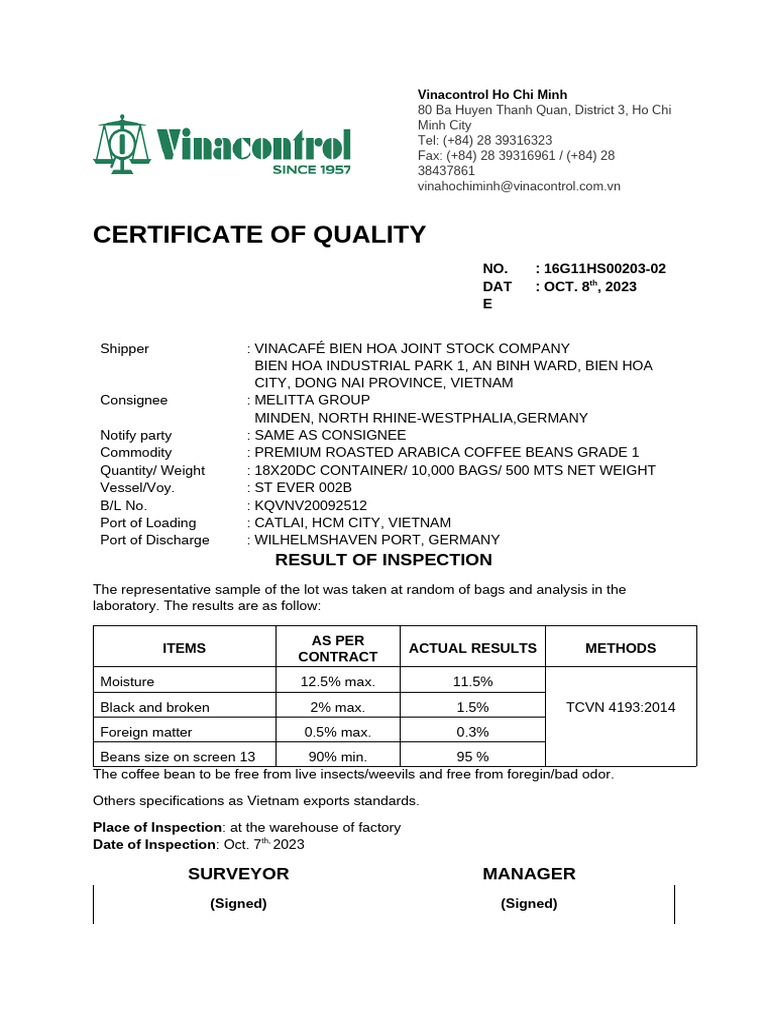 CERTIFICATE OF QUALITY - IEI301 - GA - Cafe | PDF | Agriculture | Drink