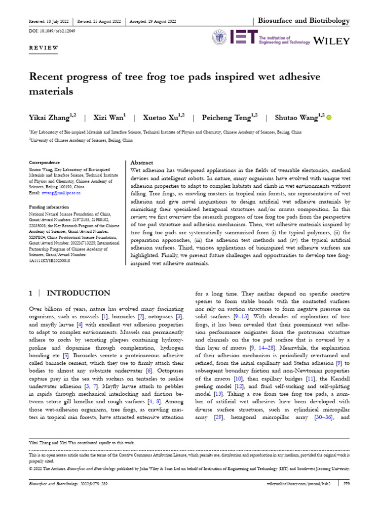 张益锴-Biosurface and Biotribology - 2022 - Zhang - Recent progress of tree frog toe pads inspired ...