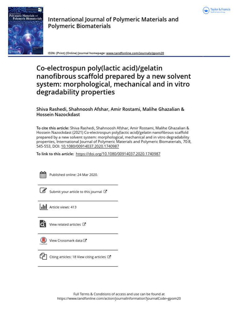Co-Electrospun Poly Lactic Acid Gelatin Nanofibrous Scaffold Prepared by A New Solvent System ...