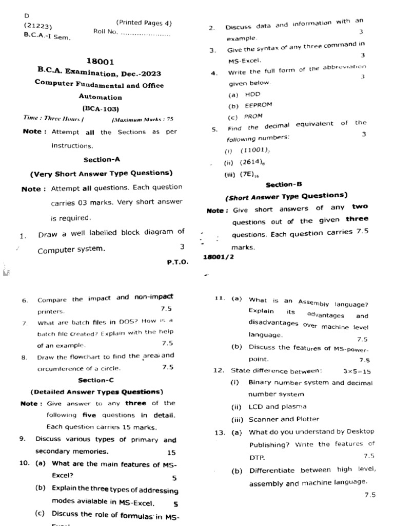 Bca 1 Sem Computer Fundamental and Office Automation 18001 Dec 2023 | PDF Bca 1 Sem Computer Fundamental and Office Automation 18001 Dec 2023 | PDF