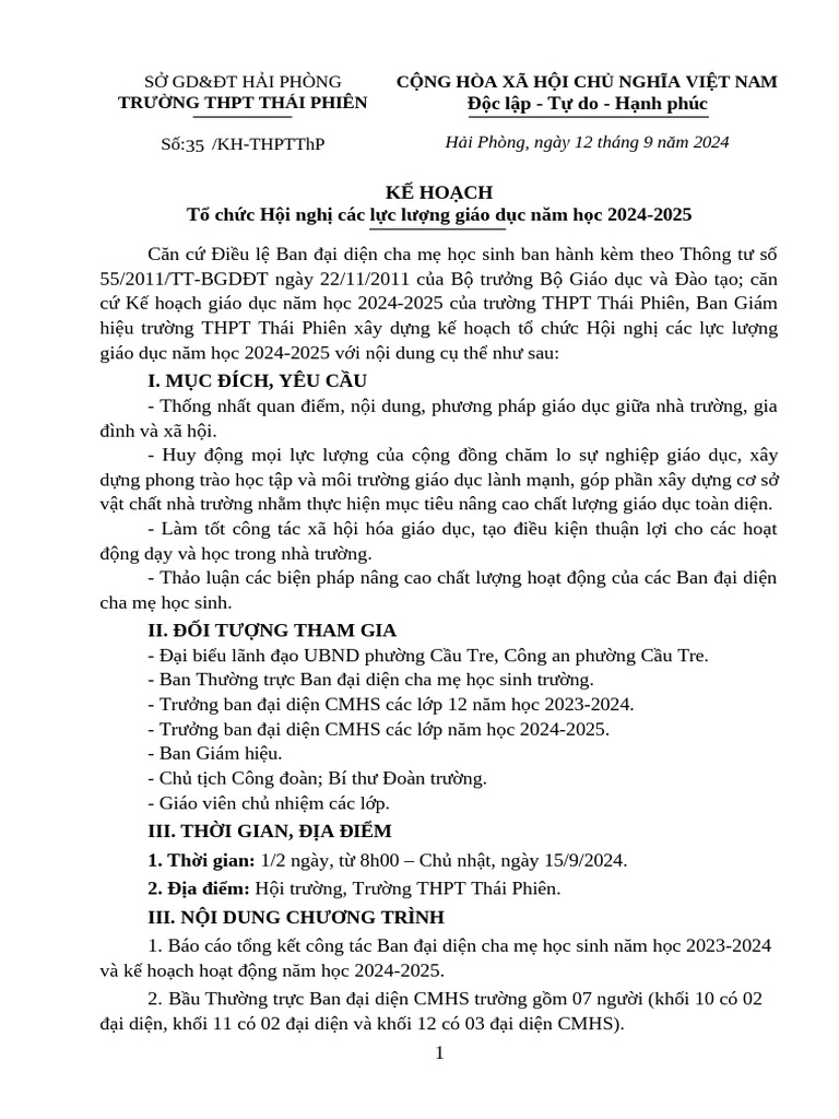 Ke Hoach To Chuc Hoi Nghi Cac Luc Luong Giao Duc Nam Hoc 2024-2025.signed | PDF