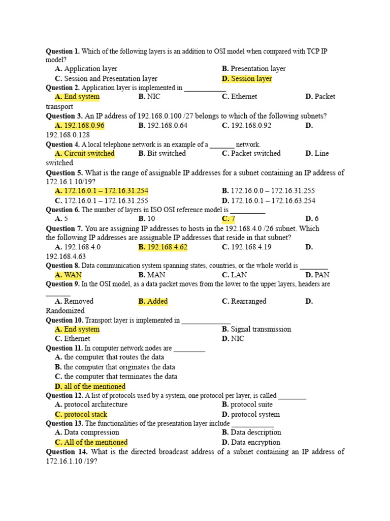 Networking Quiz for IT Students | PDF | Computer Network | Osi Model