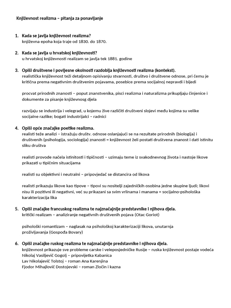 TEST Književnost Realizma | PDF