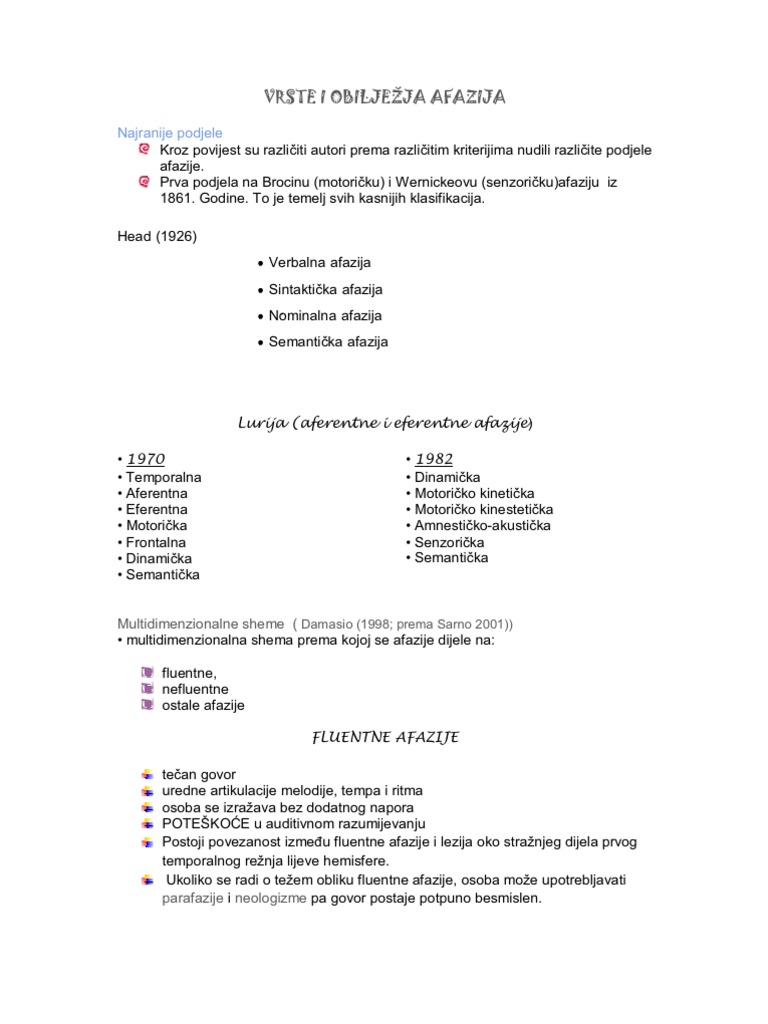 Vrste I Obilježja Afazija | PDF