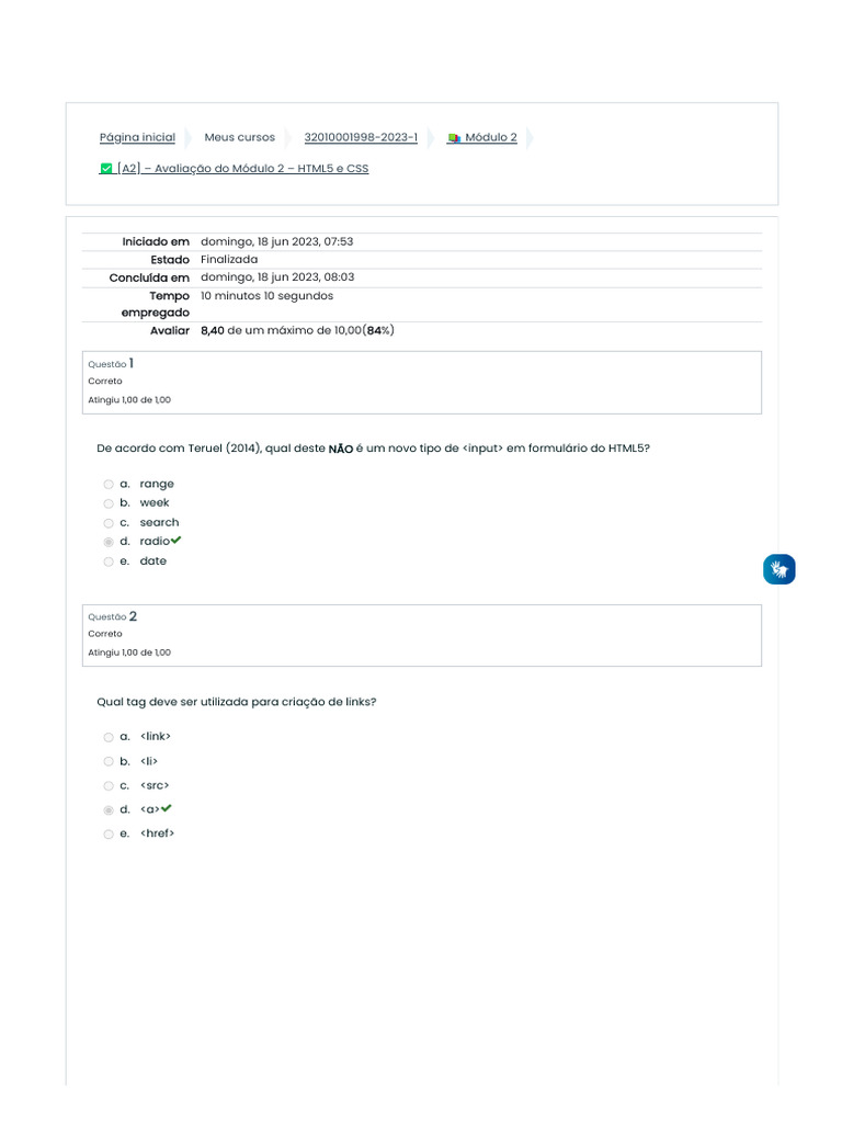 A2 Avaliacao Do Modulo 2 HTML5 e CSS Revisao Da Tentativa | PDF ...
