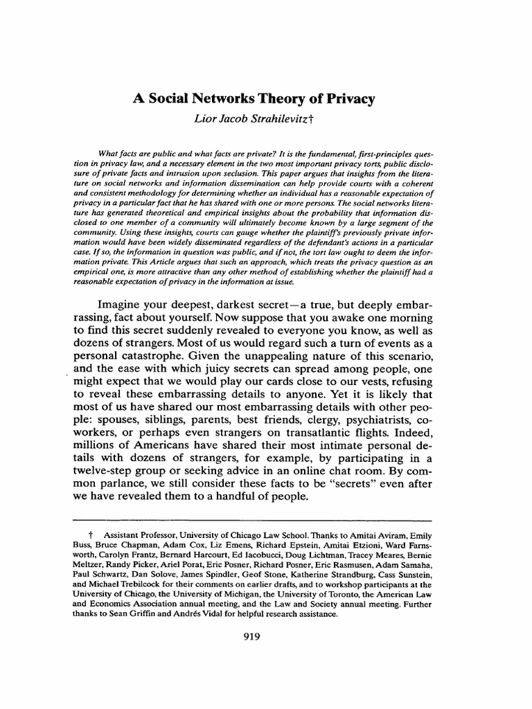 A Social Networks Theory of Privacy | PDF | Privacy | Tort