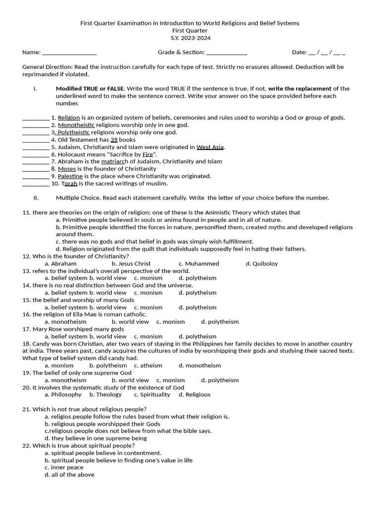 Exam on World Religions and Beliefs | PDF | Polytheism | Monotheism