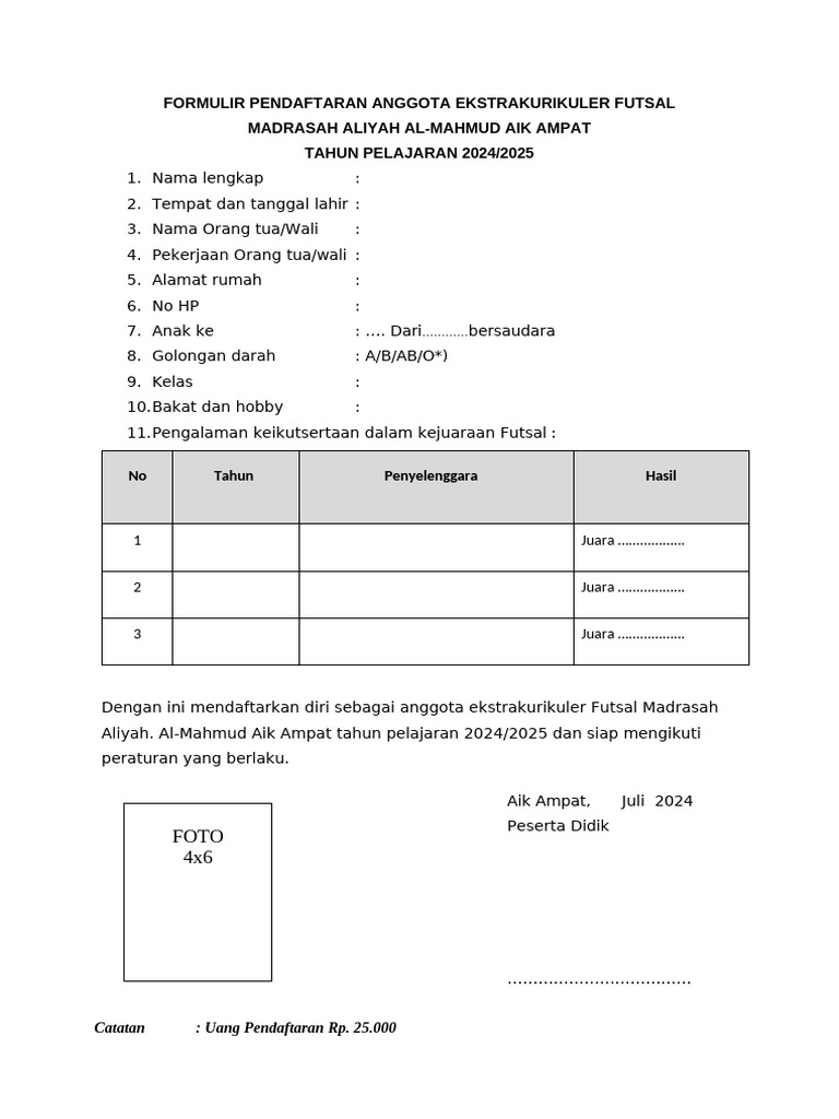 Formulir Pendaftaran Futsal | PDF