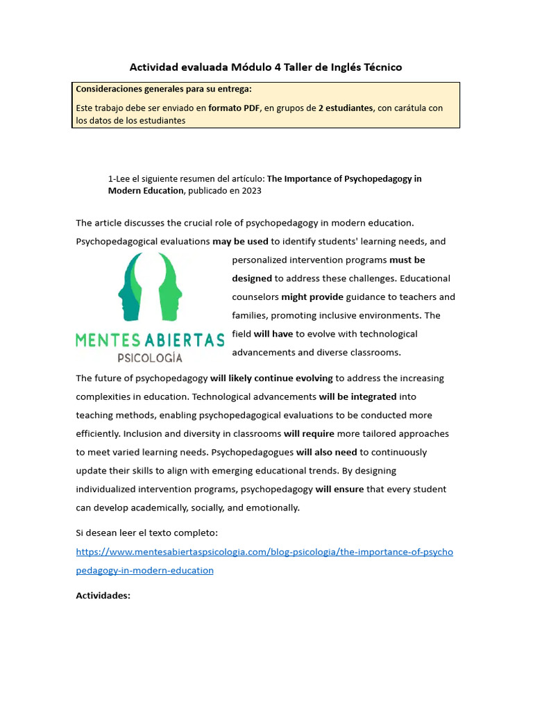 Actividad Evaluada Módulo 4 Taller de Inglés Técnico | PDF