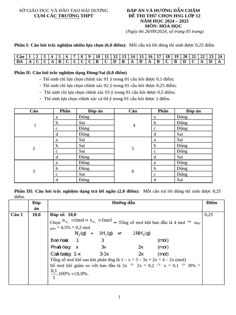 2024-2025 HSG HÓA 12 CỤM LẦN 3 - Hải Dương - HDC | PDF