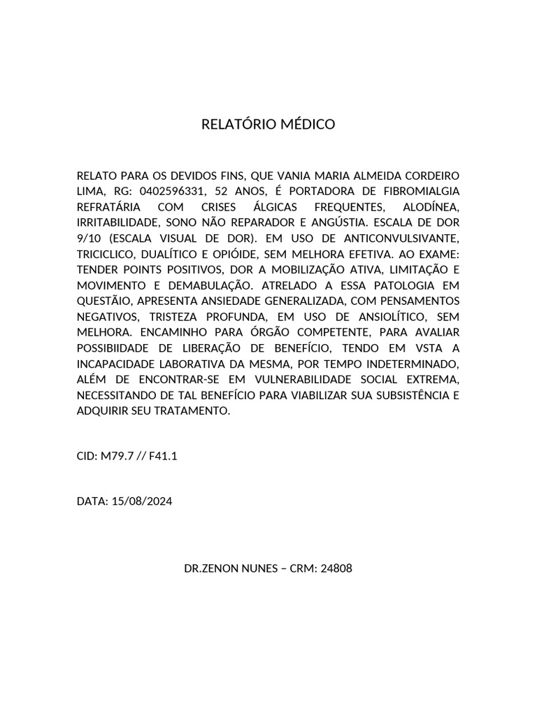 Relatório Médico: Fibromialgia e Incapacidade | PDF