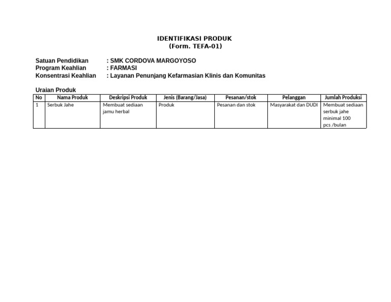 FORM TEFA.01 (IdentifikasiProduk | PDF