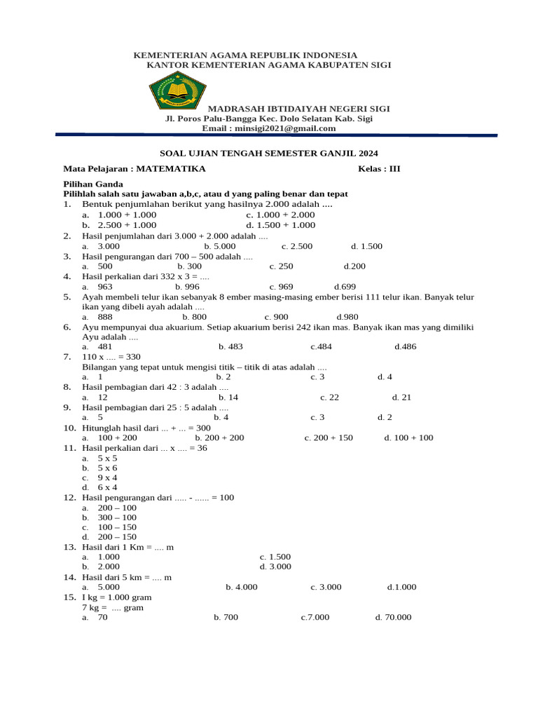 Soal Matematika Kelas 3 | PDF