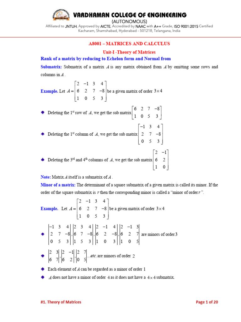 Unit-I A8001 (MAC) Handout (Theory of Matrices) | PDF | Matrix ...