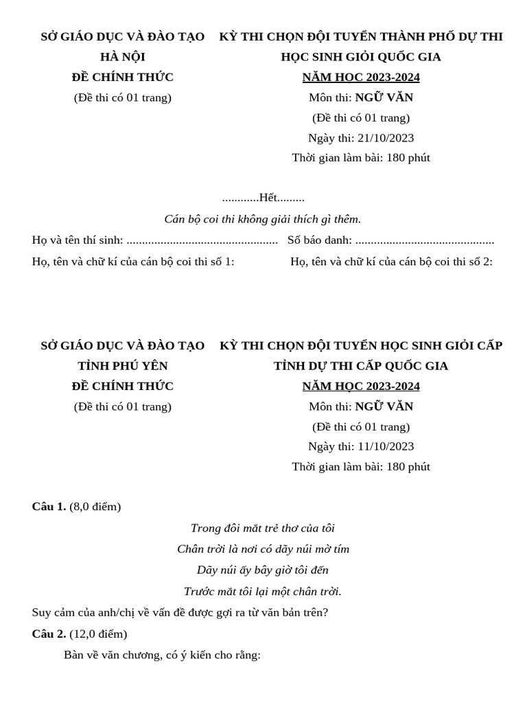 11 de Thi Hoc Sinh Gioi Mon Van 2023 2024 1 | PDF