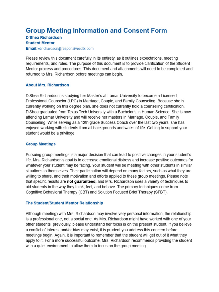 Blank Group Meeting Information and Consent Form | PDF | Psychotherapy ...