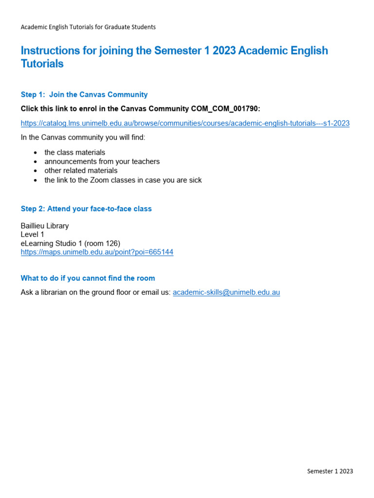 Instructions for joining on campus Academic English Tutorials | PDF