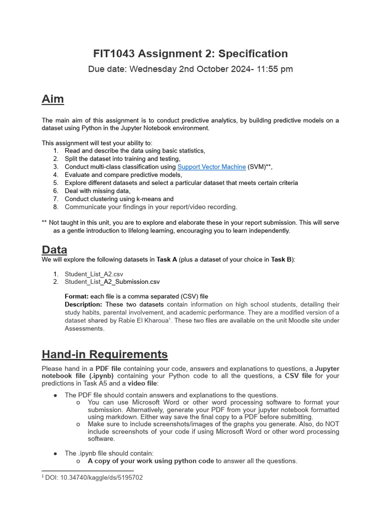 FIT1043 A2 Specification - S2 2024 - Gks6arg | PDF | Comma Separated ...