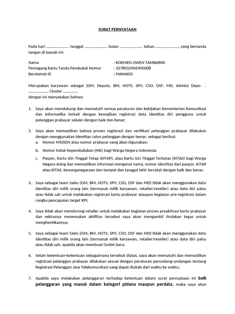 Surat Pernyataan Nik KK Karyawan Owen | PDF