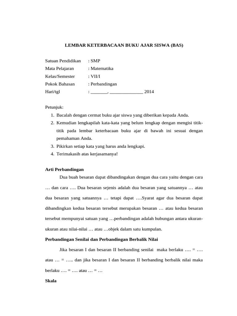 Lembar Keterbacaan Buku Ajar Siswa | PDF