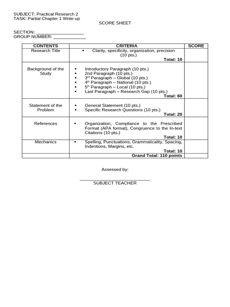 Partial Chapter 1 Score Sheet | PDF