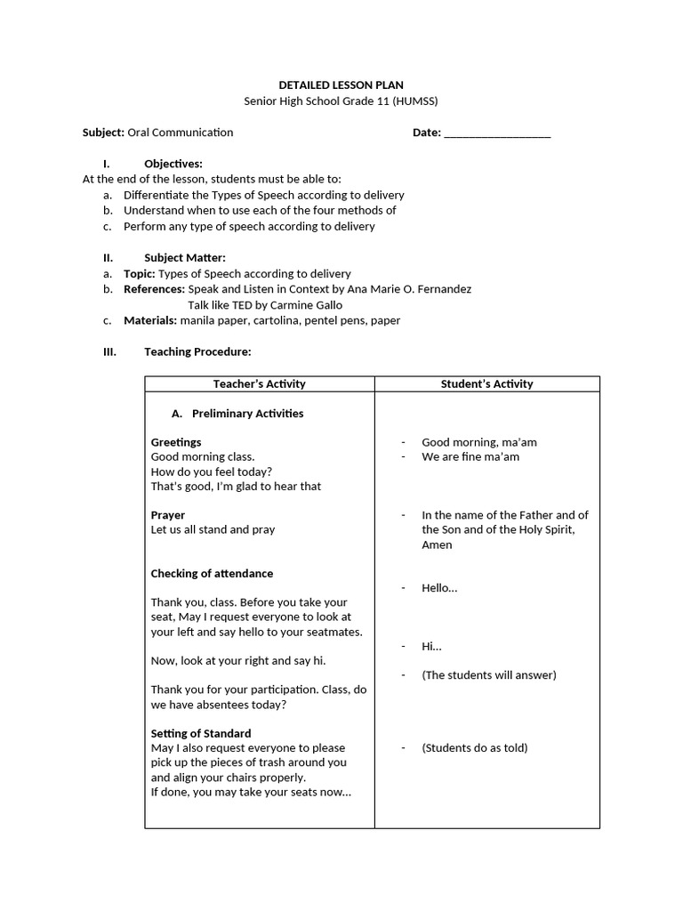 Types of Speech Delivery Lesson Plan | PDF | Speech | Human Communication