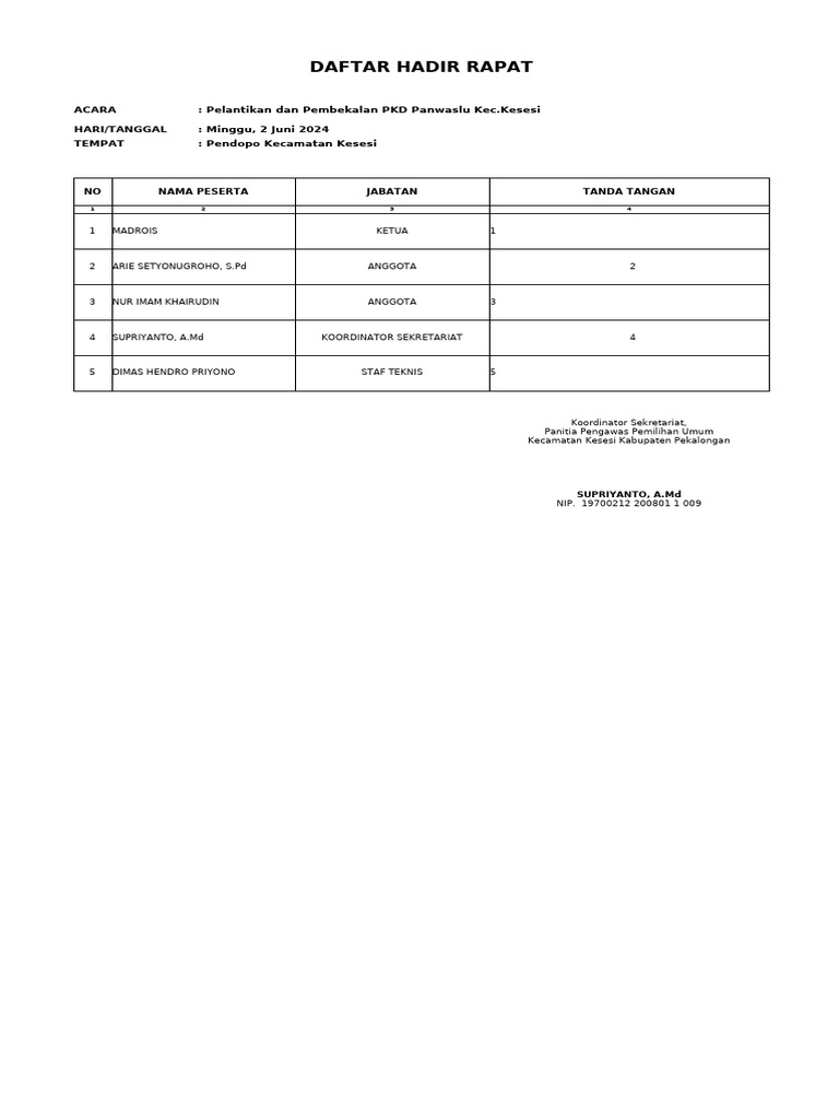 Daftar Hadir Rapat Internal | PDF