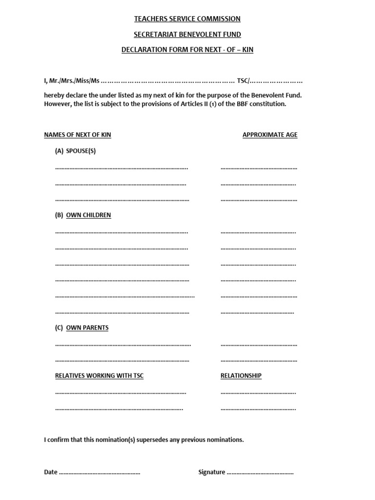 Next of Kin Secretariat Form BBF | PDF | Games & Activities