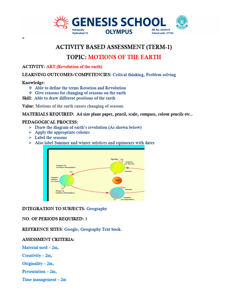 Activity Based Assessment (Term-1) Topic:: Motions of The Earth | PDF