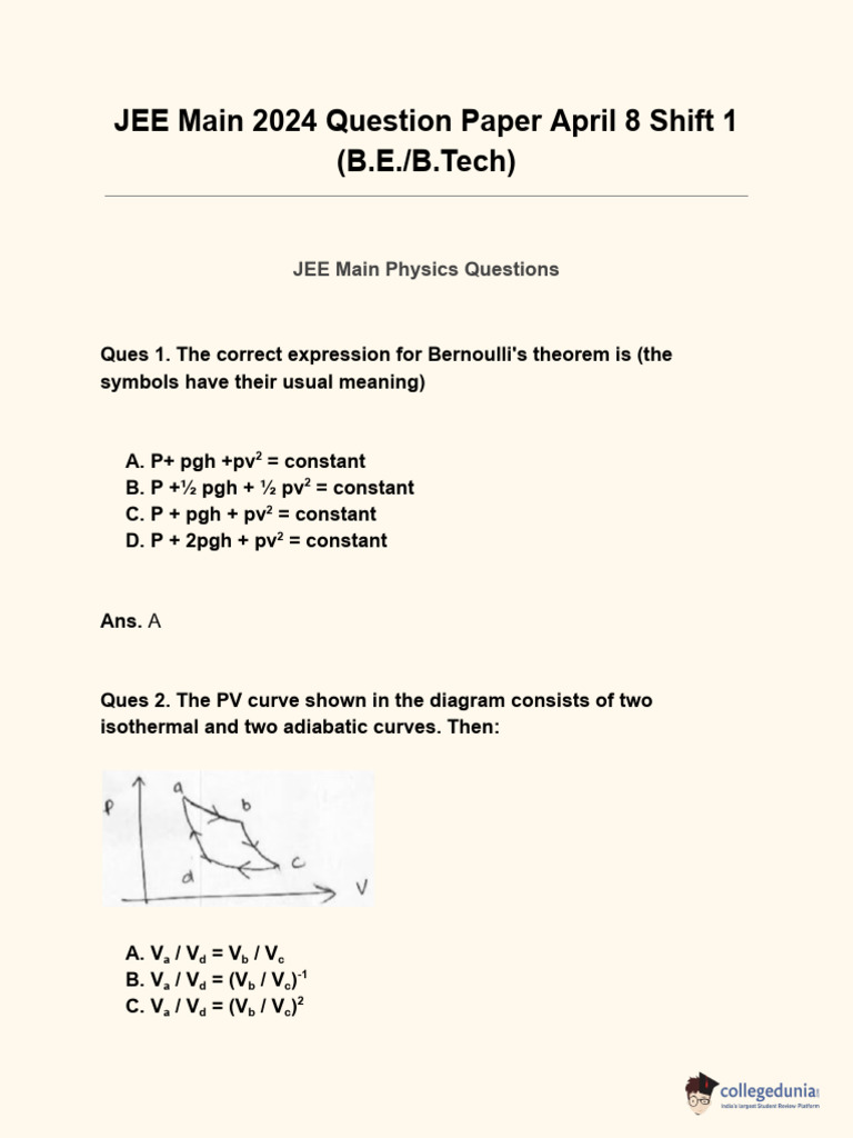 JEE Main 2024 Question Paper April 8 Shift 1 | PDF | Materials Science ...