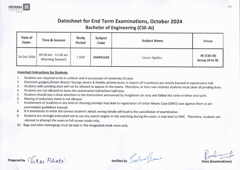 Revised Date Sheet BE (CSE-AI) For End Term Examinations, October 2024 | PDF