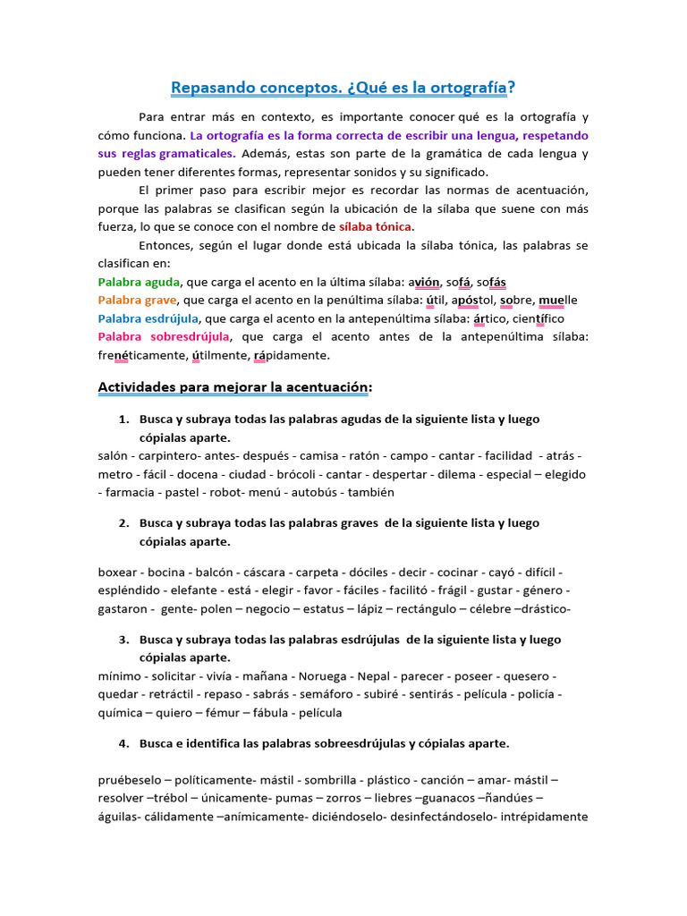 Repasando Conceptos - Actividades de Ortografía y Lectura. | PDF | Lingüística