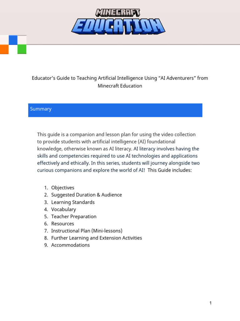 AI Adventurers - Teacher Resource Guide - AI Adventurers and Minecraft ...