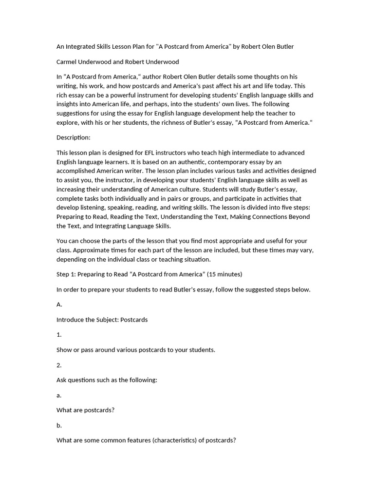 An Integrated Skills Lesson Plan For A Postcard From America by Robert ...