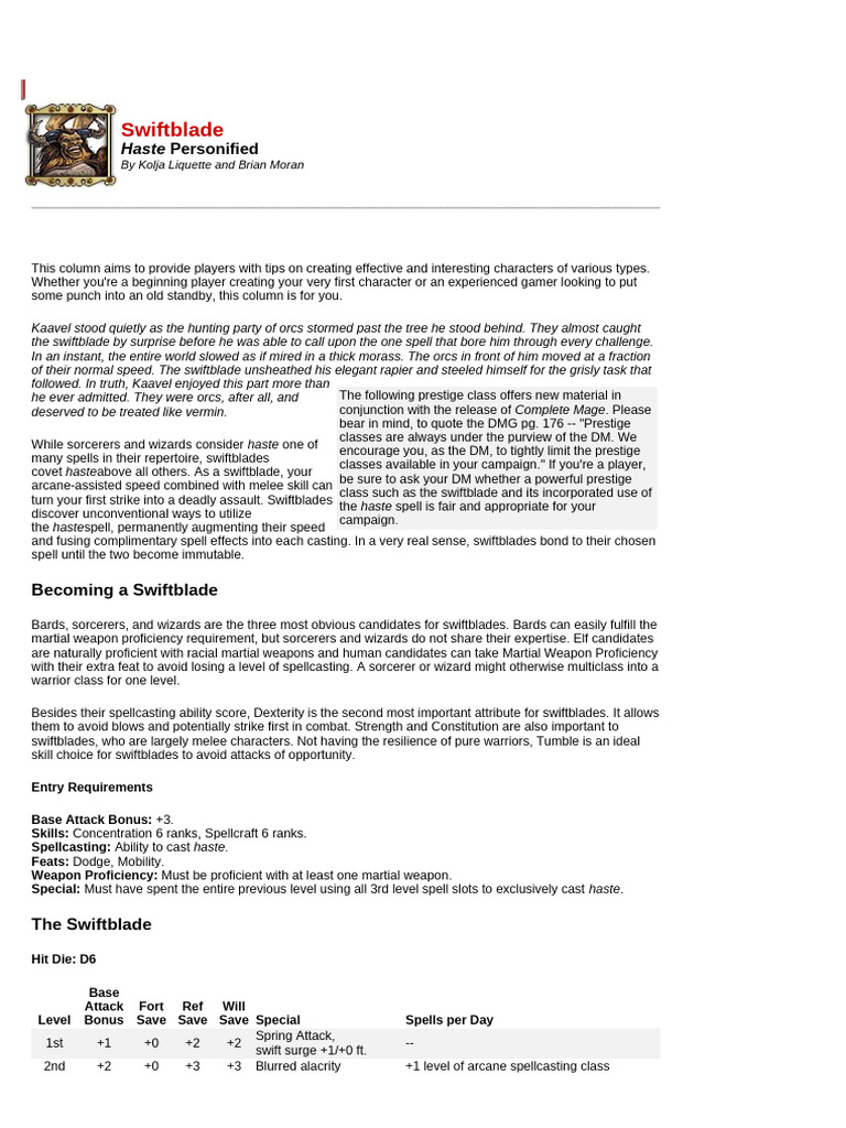 Prestige Class Swiftblade | PDF | Gary Gygax Games | D20 System