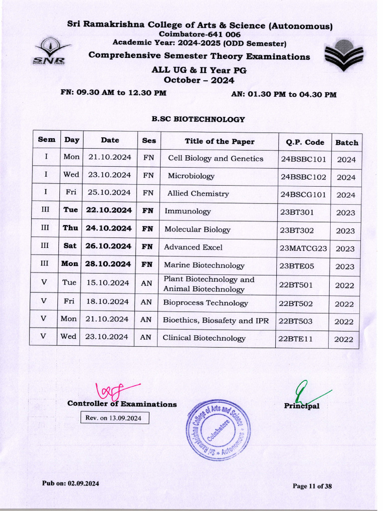 Ce Time Table - October 2024 Revised BSC CT & BSC Bio | PDF | Science ...