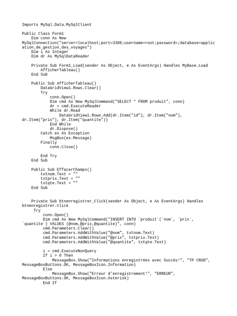 VB.NET MySQL CRUD Application Code | PDF