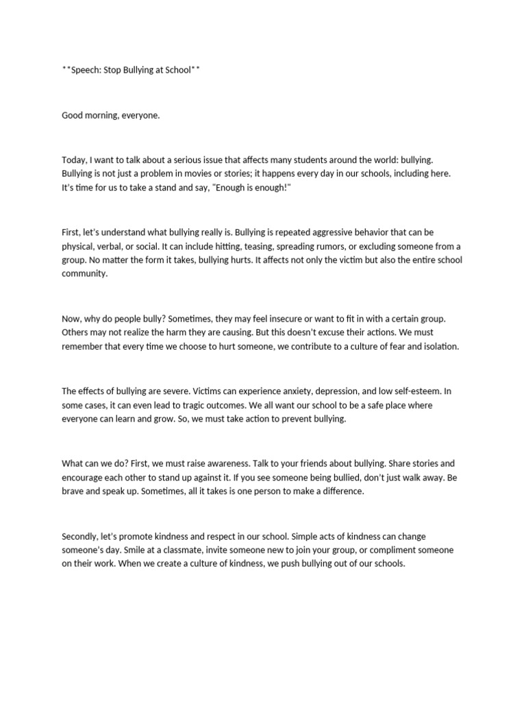 Speech - Stop Bu-WPS Office | PDF | Bullying | Interpersonal Relationships