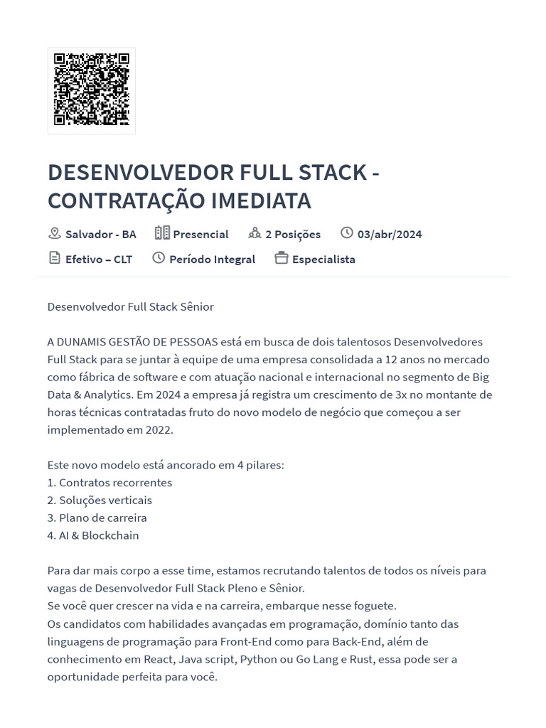 Vagas para Desenvolvedor Full Stack em BA | PDF | Linguagem de script ...