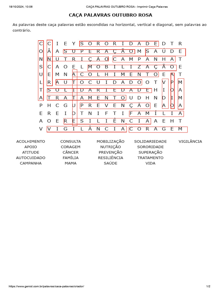 Caça Palavras Outubro Rosa | PDF