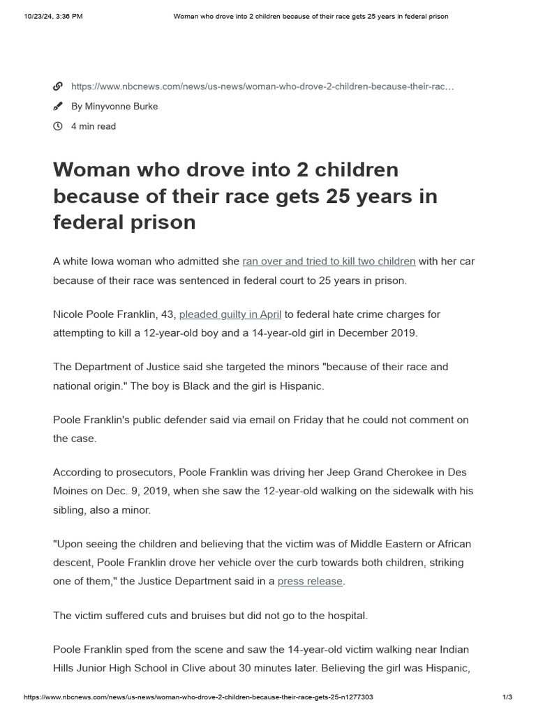 Woman Who Drove Into 2 Children Because of Their Race Gets 25 Years in Federal Prison | PDF ...