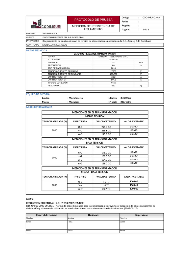 QC-E-011 Protocolo de Prueba de Resistencia de Aislamiento Megado | PDF | Transformador | Red ...