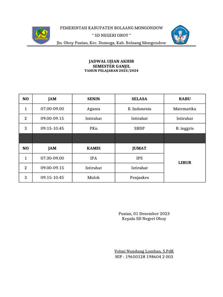 JADWAL ULANGAN SD Oboy | PDF